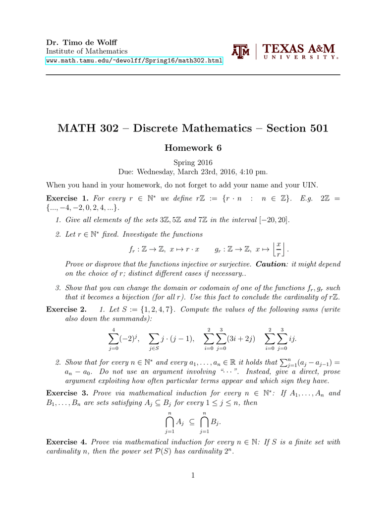 MATH 302 Discrete Mathematics Section 501 Homework 6 MATH 302 Discrete Mathematics Section 501 Homework 6