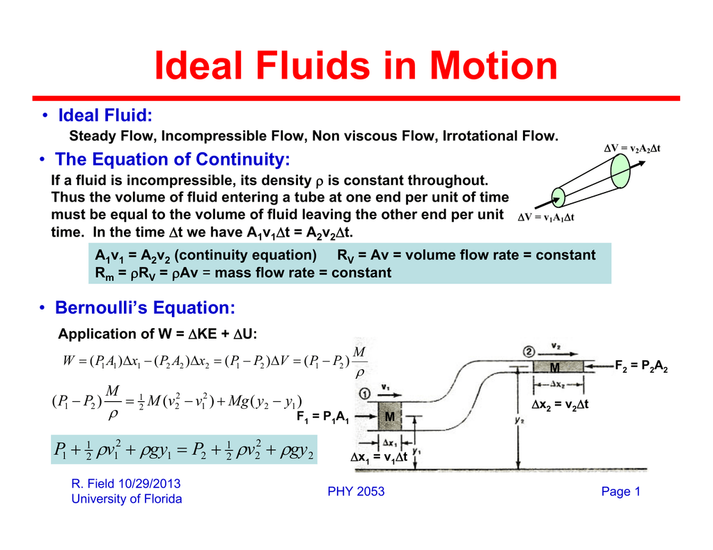 Ideal Fluids In Motion Ideal Fluid The Equation Of Continuity 