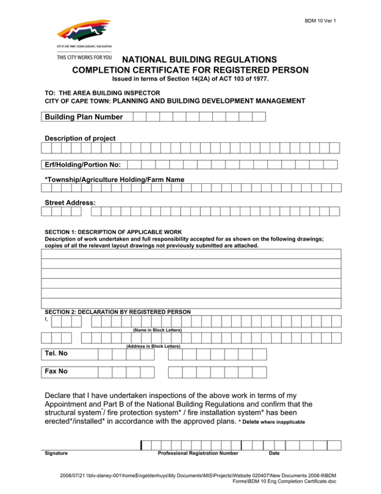 NATIONAL BUILDING REGULATIONS COMPLETION CERTIFICATE FOR REGISTERED PERSON