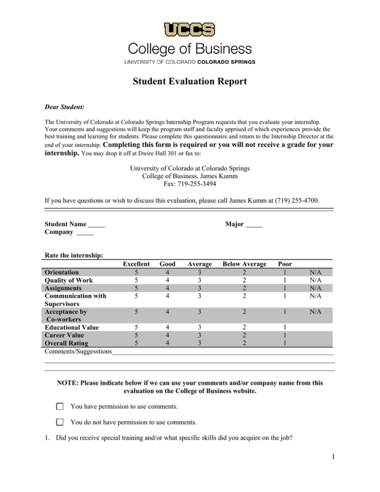 Student Evaluation Report Dear Student 