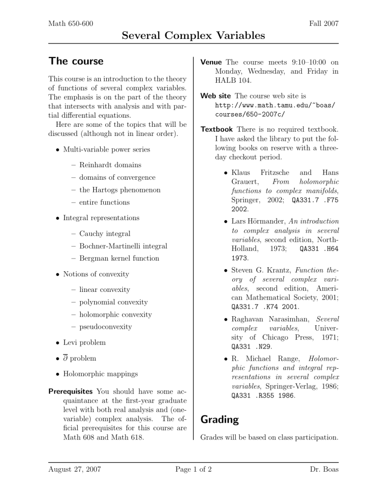 Several Complex Variables The Course Several Complex Variables The Course