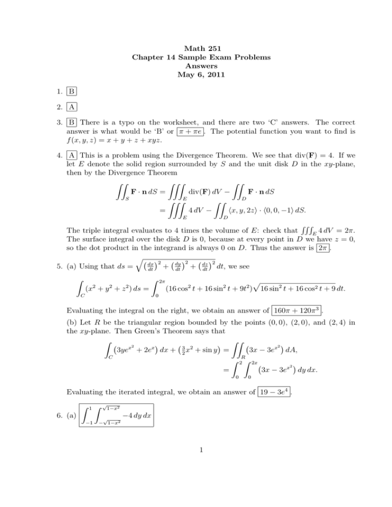 Math 251 Chapter 14 Sample Exam Problems Answers May 6 2011 Math 251 Chapter 14 Sample Exam Problems Answers May 6 2011