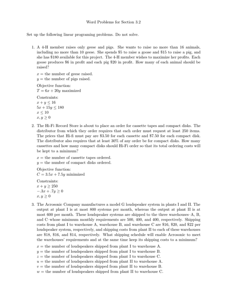 Word Problems For Section 3 2 Word Problems For Section 3 2