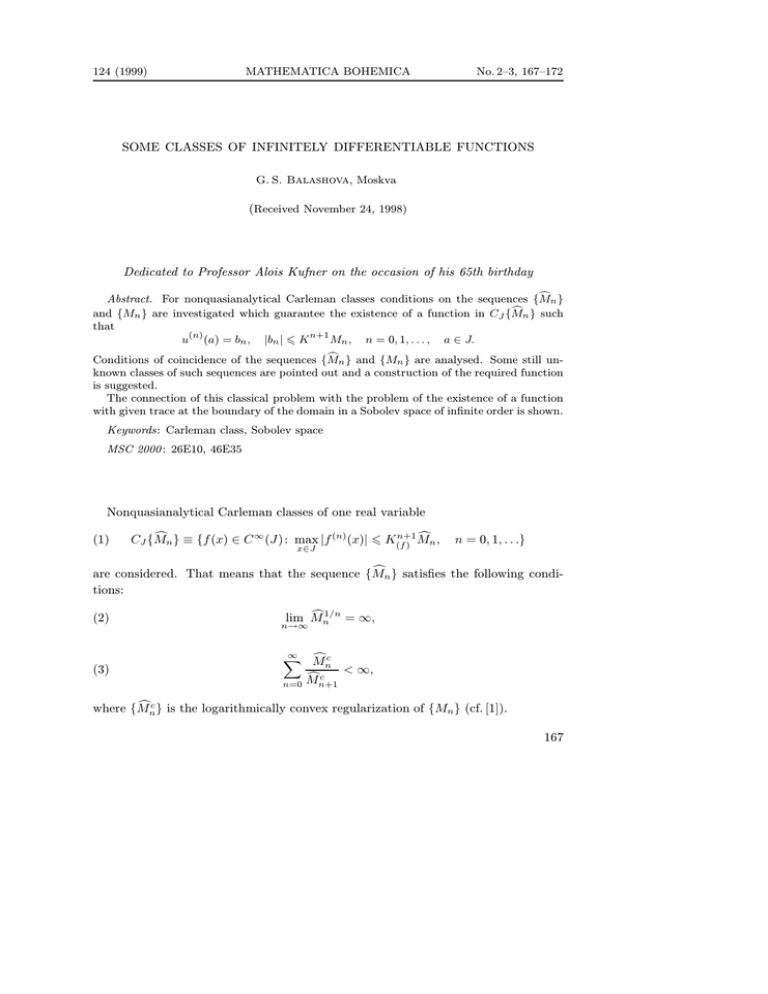 SOME CLASSES OF INFINITELY DIFFERENTIABLE FUNCTIONS
