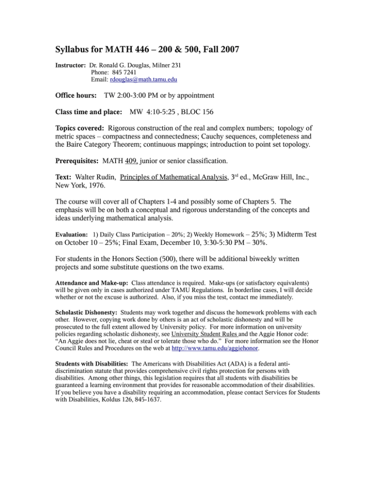 Syllabus For MATH 446 200 500 Fall 2007 Syllabus For MATH 446 200 500 Fall 2007