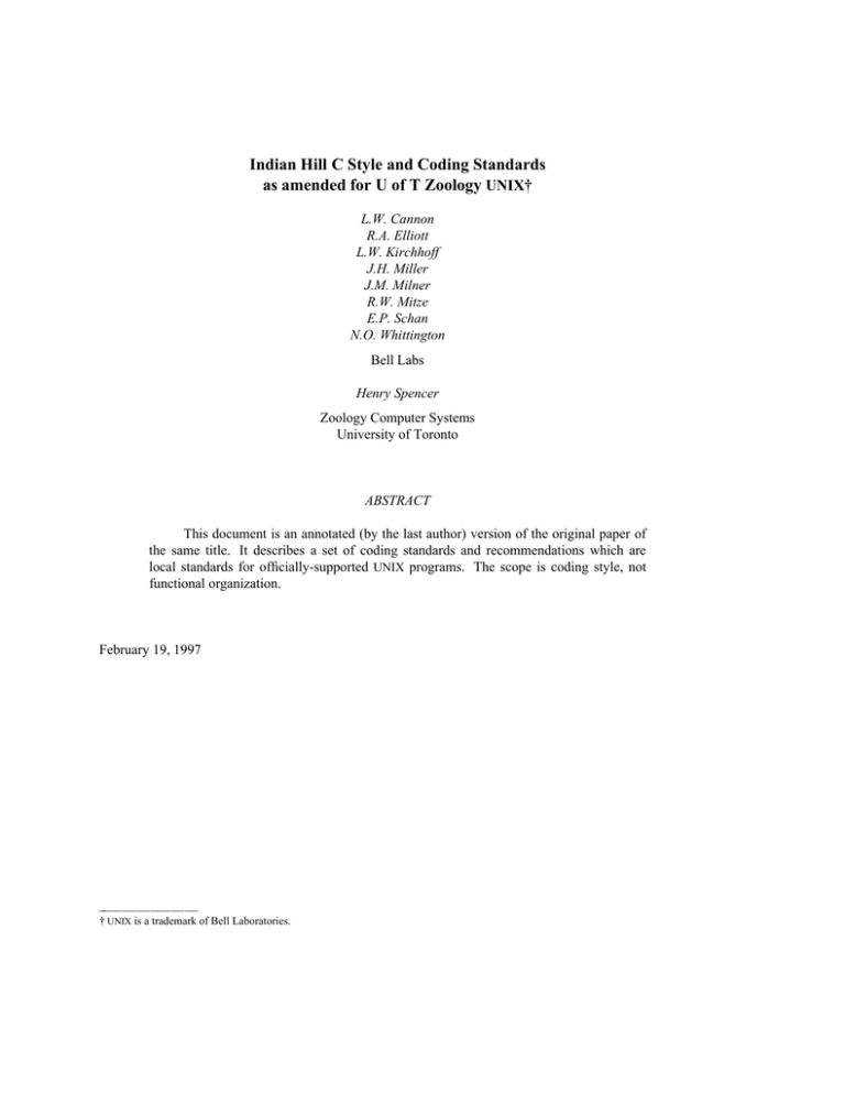 Indian Hill C Style And Coding Standards UNIX