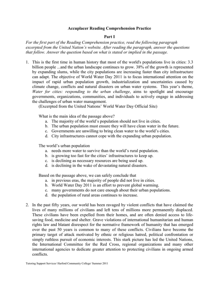 Accuplacer Reading Comprehension Practice Part I Accuplacer Reading Comprehension Practice Part I