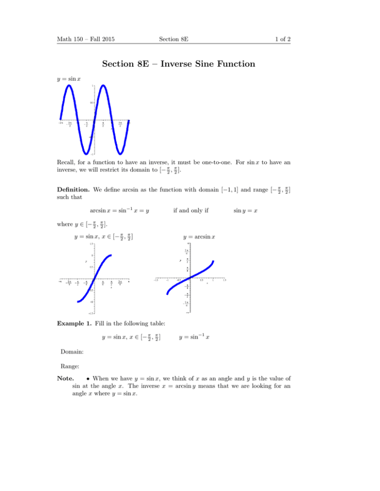 Section 8E Inverse Sine Function