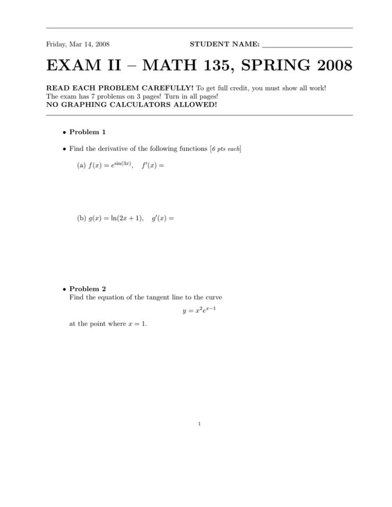 EXAM II MATH 135 SPRING 2008 EXAM II MATH 135 SPRING 2008