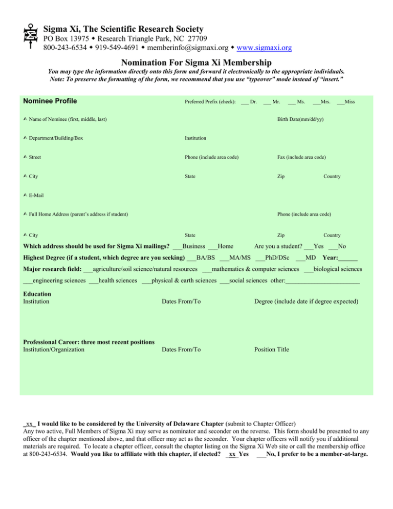 Sigma Xi The Scientific Research Society Nomination For Sigma Xi