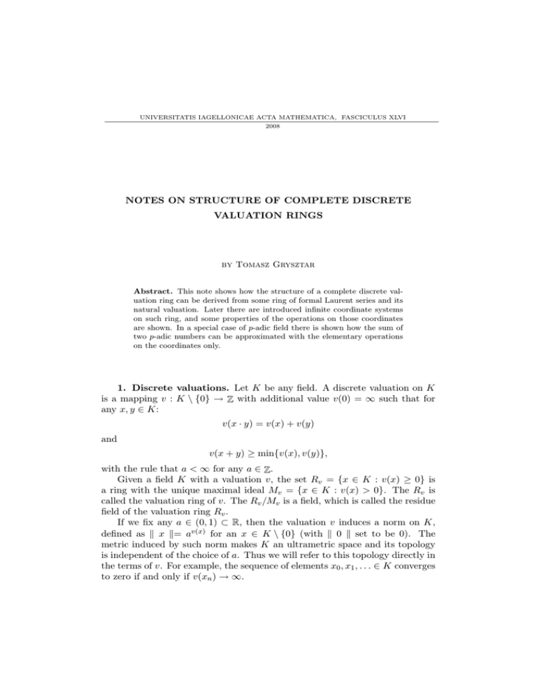 NOTES ON STRUCTURE OF COMPLETE DISCRETE VALUATION RINGS by Tomasz Grysztar