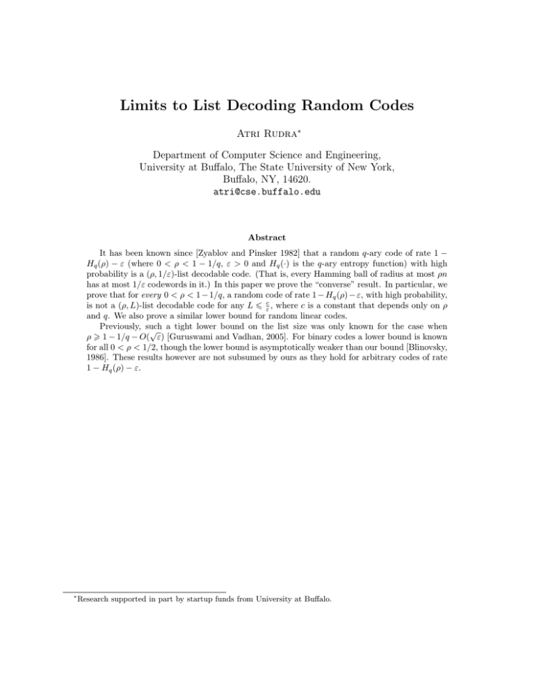 Limits To List Decoding Random Codes