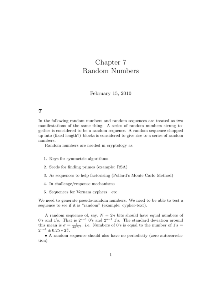 Chapter 7 Random Numbers 7 February 15 2010 Chapter 7 Random Numbers 7 February 15 2010