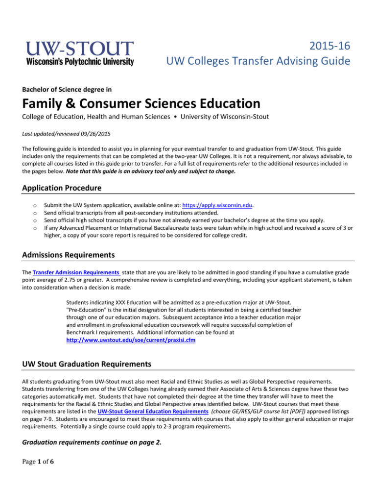Family & Consumer Sciences Education 2015‐16 UW Colleges Transfer ...
