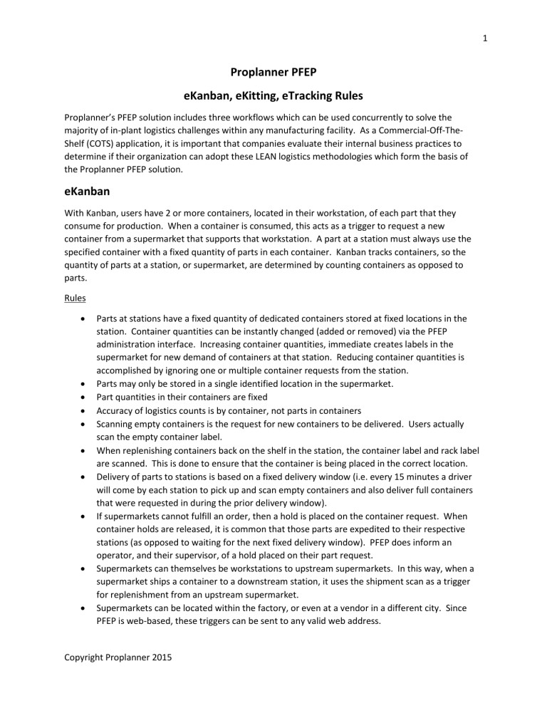 Proplanner PFEP eKanban, eKitting, eTracking Rules