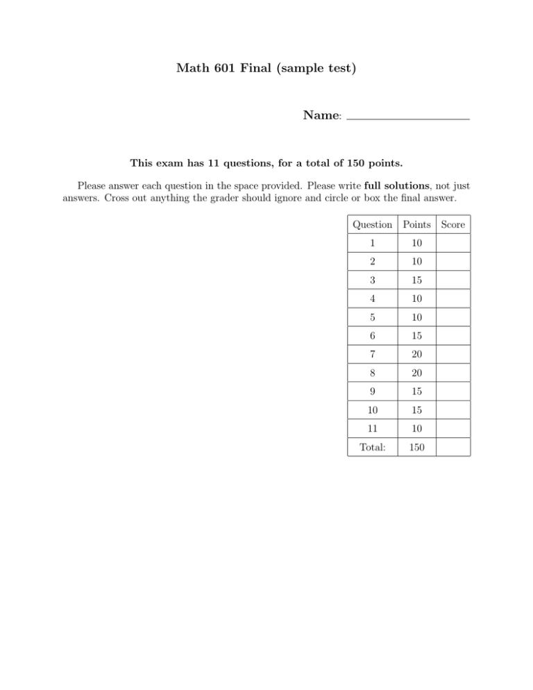 Math 601 Final sample Test Name