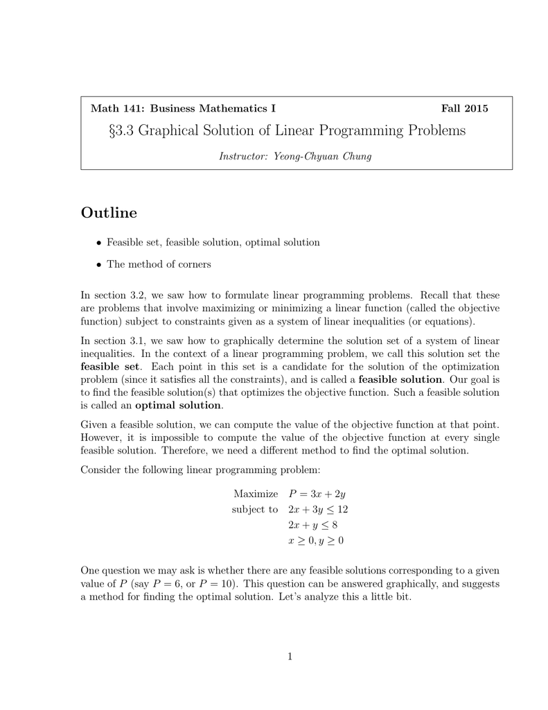  3 3 Graphical Solution Of Linear Programming Problems Outline