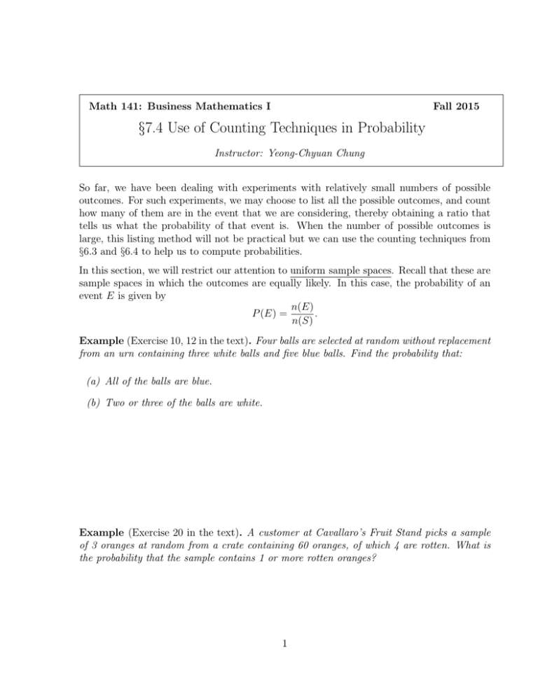 7 4 Use Of Counting Techniques In Probability