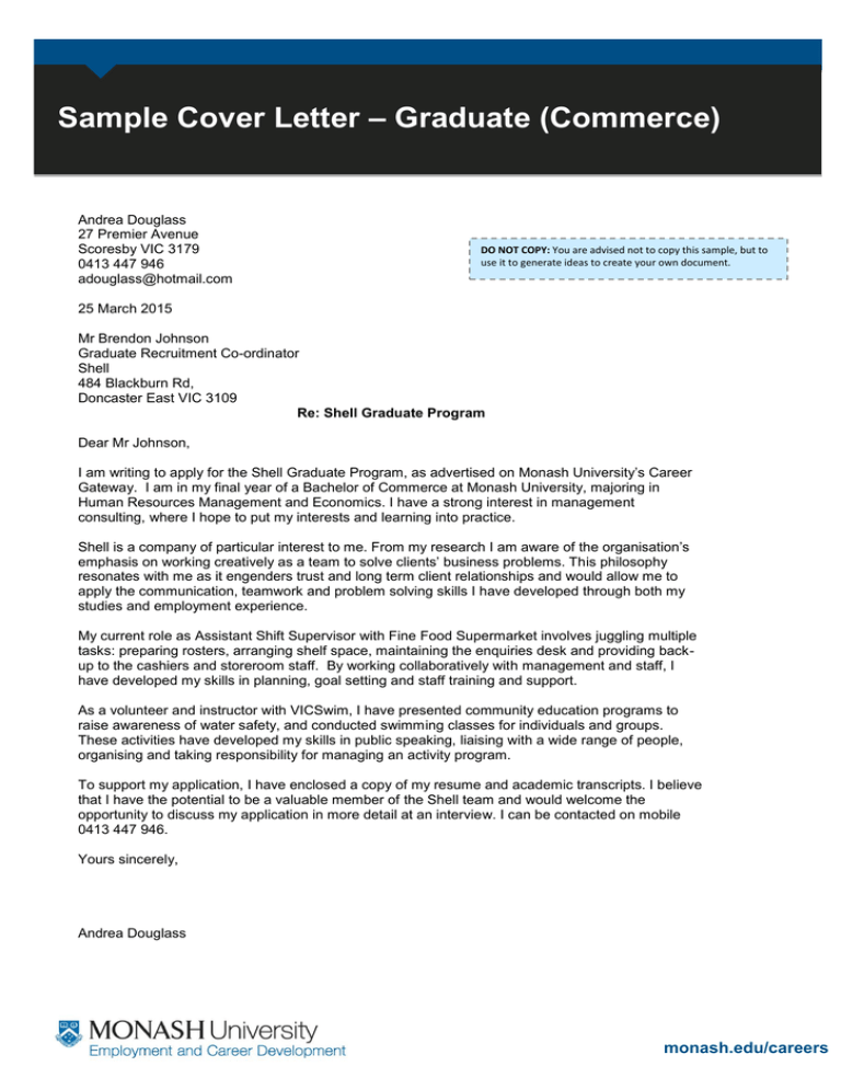 Sample Graduate Cover Letter Commerce Shell Program