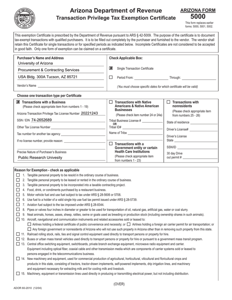 Arizona Department Of Revenue Transaction Privilege Tax Exemption
