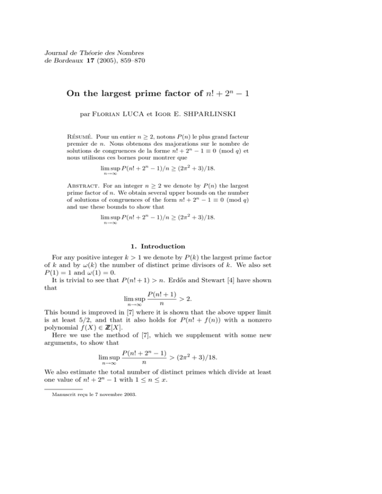  1 On The Largest Prime Factor Of N 2