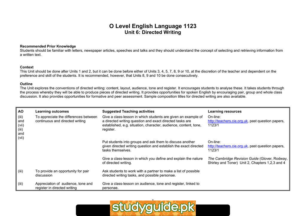O Level English Language 1123 Unit 6 Directed Writing