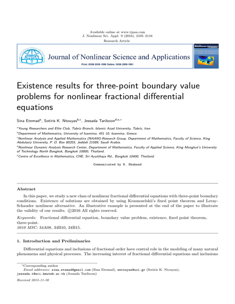 Existence results for three-point boundary value problems for nonlinear fractional differential ...
