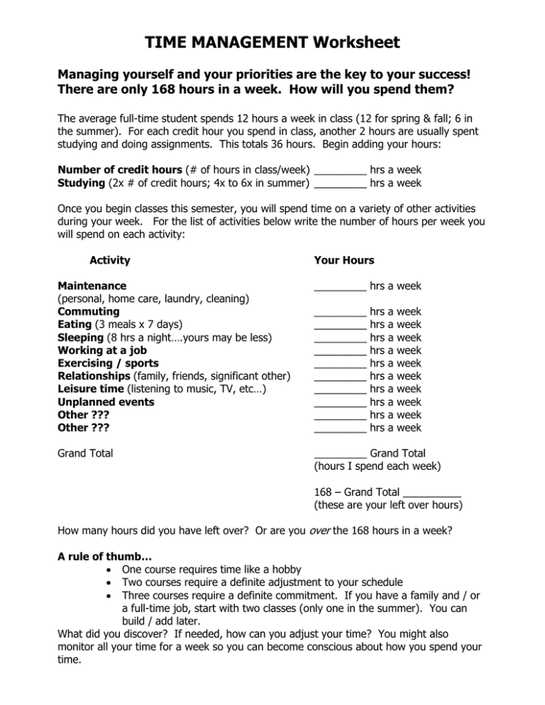TIME MANAGEMENT Worksheet