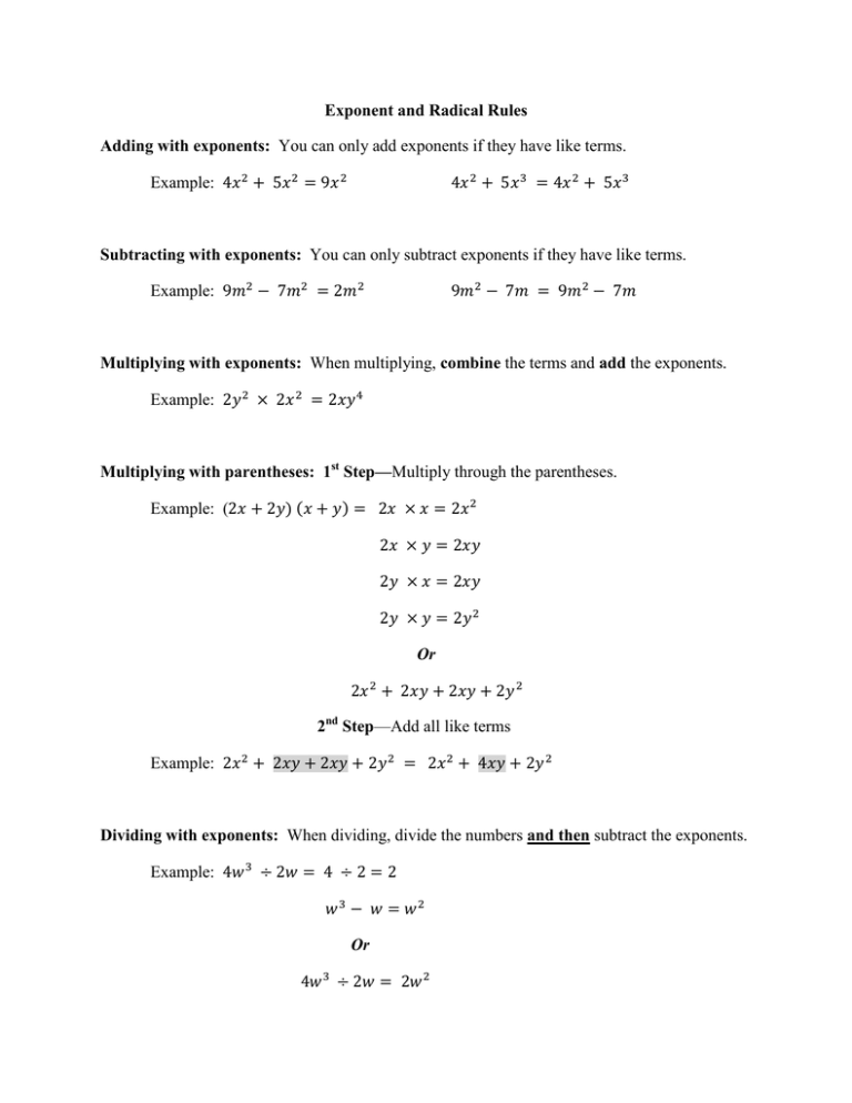Exponent And Radical Rules Adding With Exponents Subtracting With Exponent And Radical Rules Adding With Exponents Subtracting With