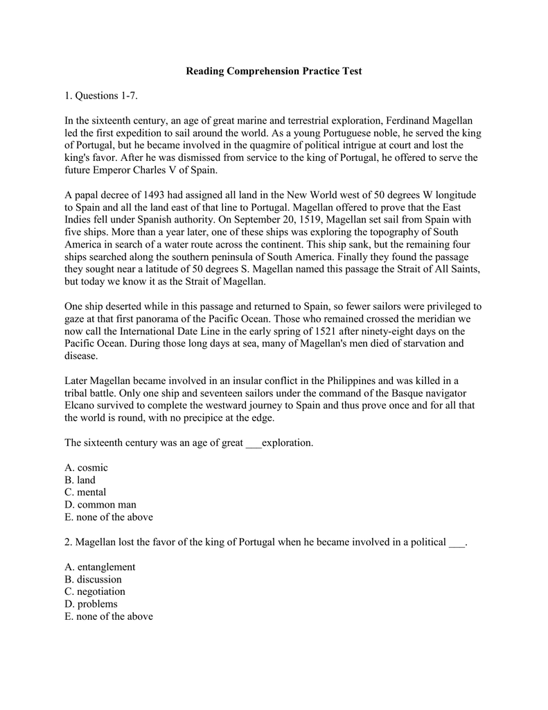 Reading Comprehension Practice Test 1 ions 1 7 