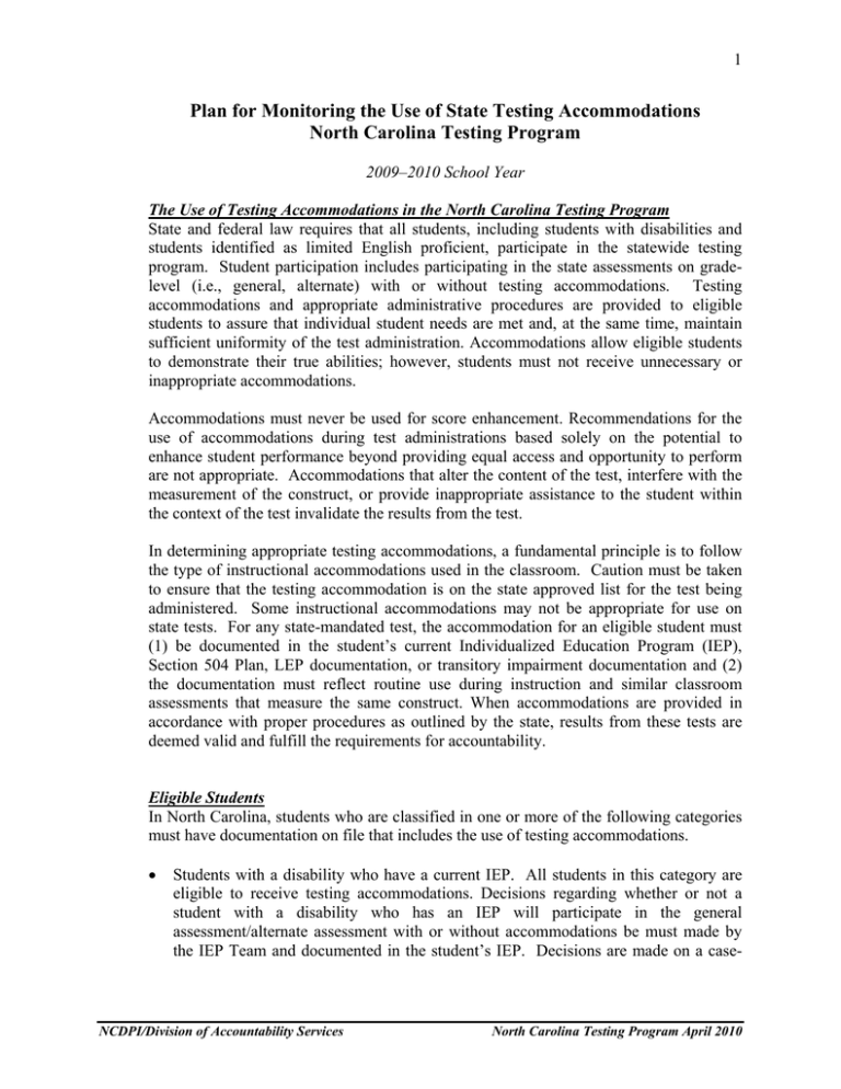 Plan for Monitoring the Use of State Testing Accommodations