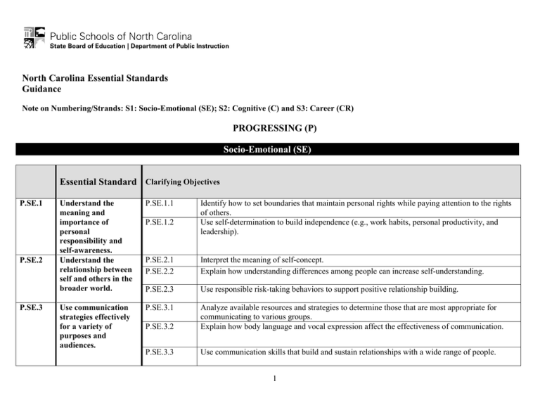 North Carolina Essential Standards Guidance PROGRESSING P 