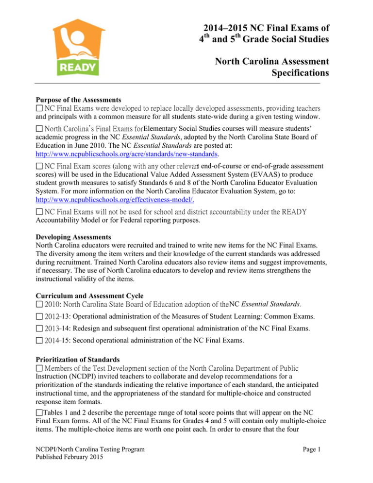 2014 2015 NC Final Exams Of 4 And 5 Grade Social Studies