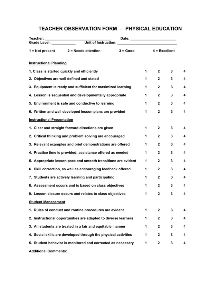 Lesson Plan Template For Teacher Observation Printable Teacher Gambaran