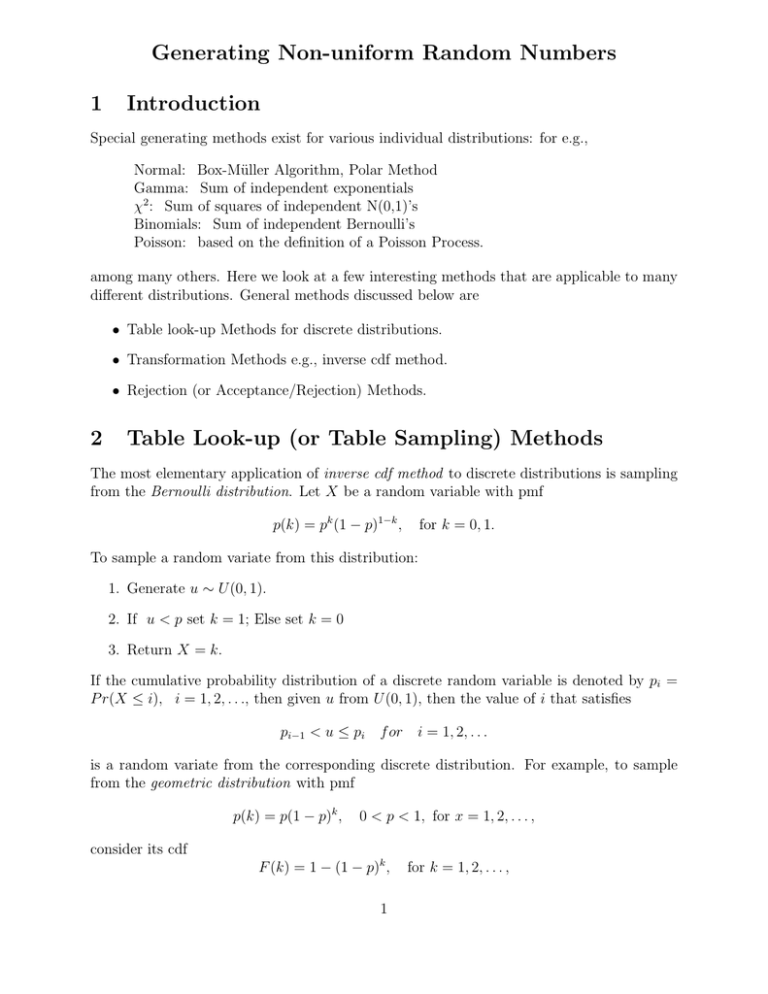 Generating Non uniform Random Numbers 1 Introduction