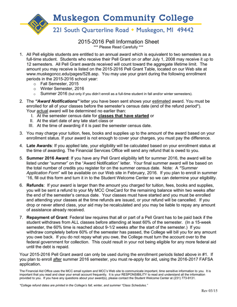 2015-2016 Pell Information Sheet