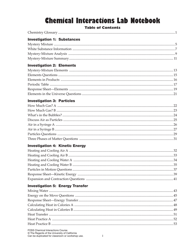 Chemical Interactions Lab Notebook Table Of Contents