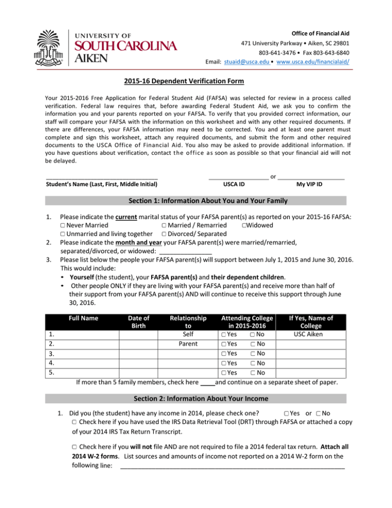 2015 16 Dependent Verification Form