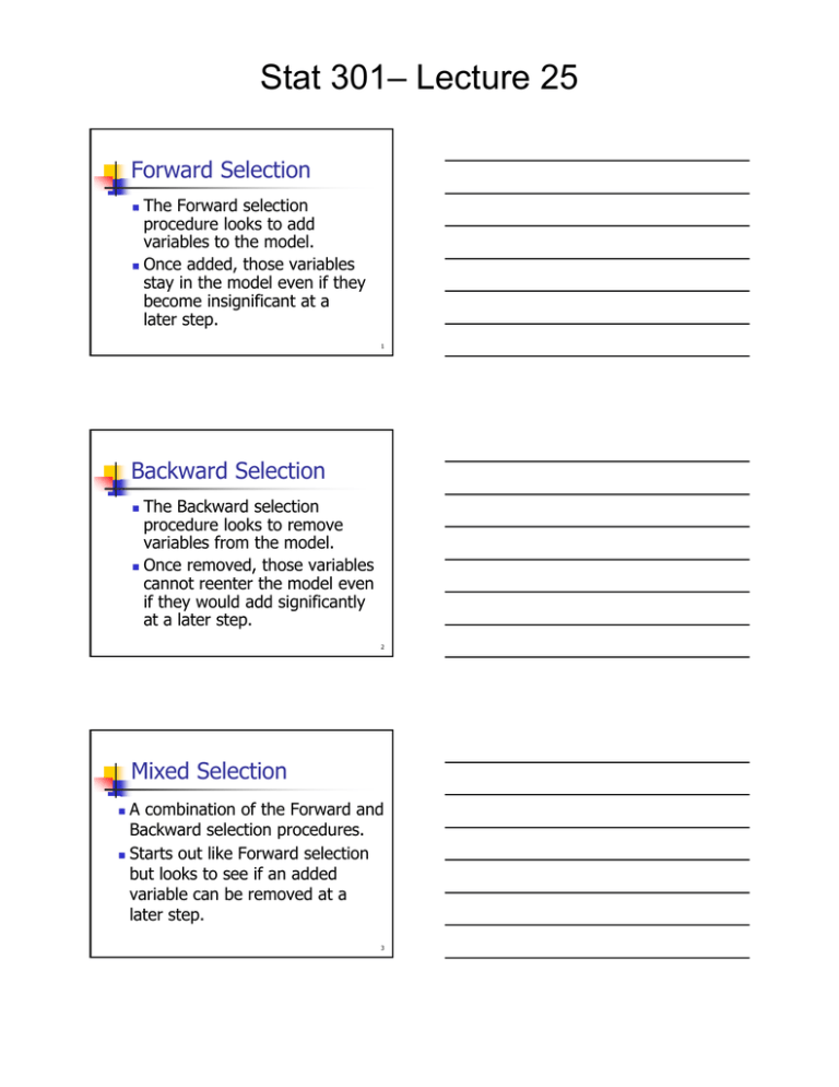 Stat 301 Lecture 25 Forward Selection