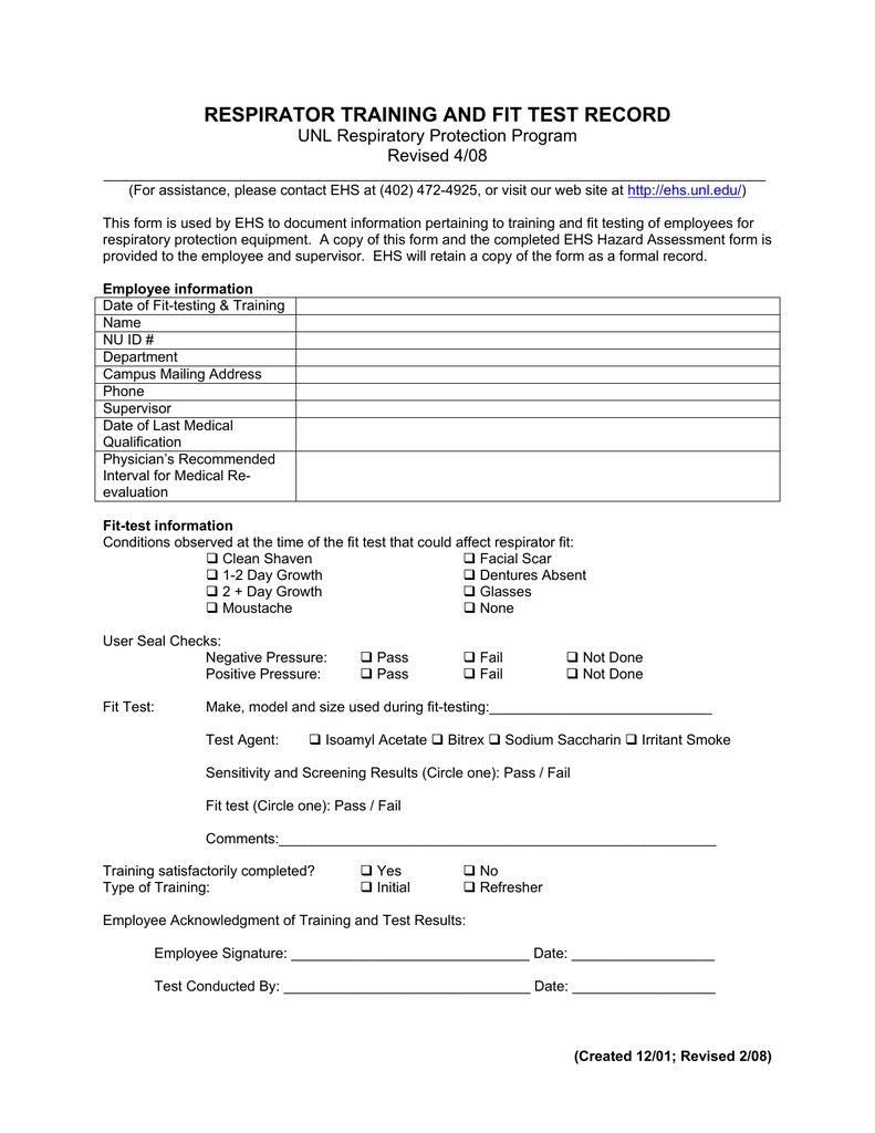 Printable Respirator Fit Test Form Template Printable Templates
