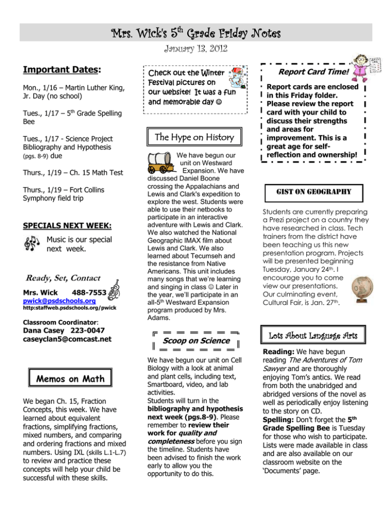 Mrs Wick s 5 Grade Friday Notes January 13 2012 Important Dates 