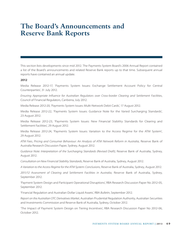 the Board’s Announcements and reserve Bank reports