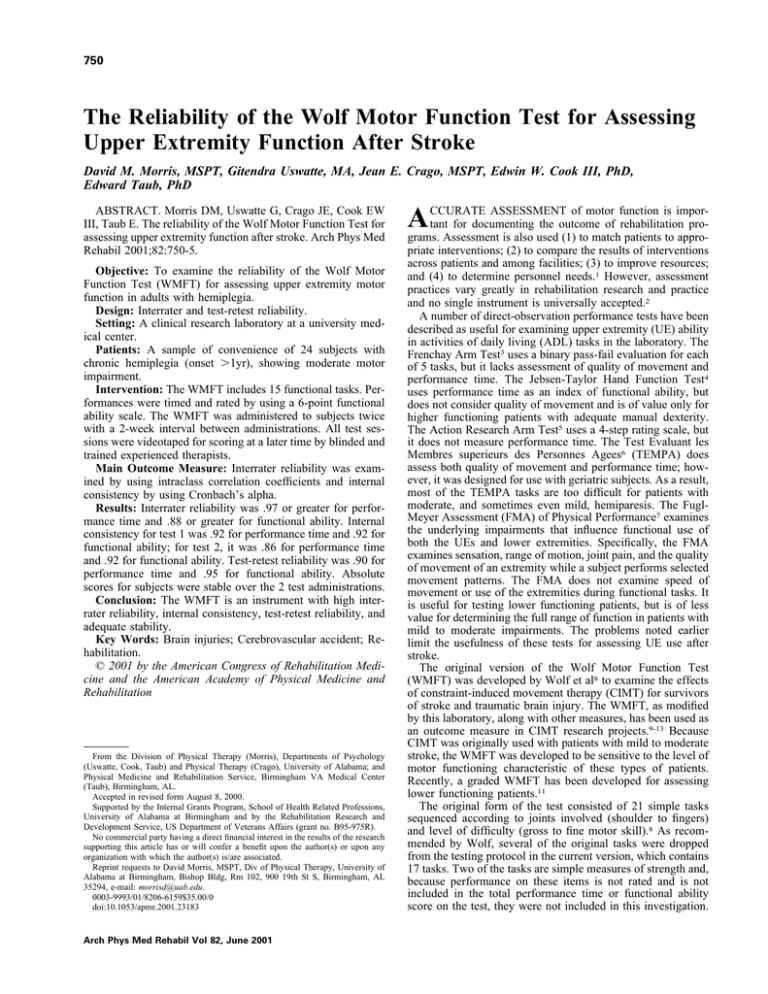 The Reliability of the Wolf Motor Function Test for Assessing