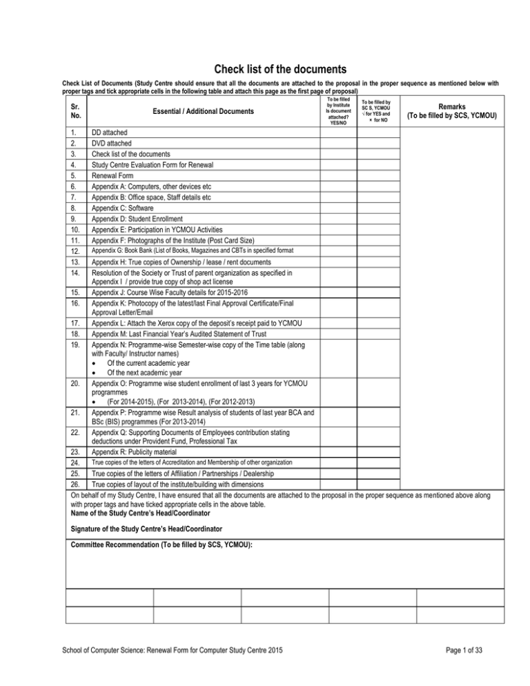 Check List Of The Documents