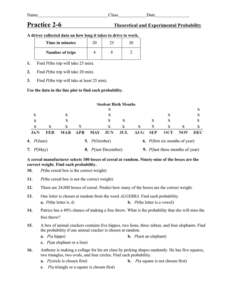 Practice 2 6 Theoretical And Experimental Probability Name Class Practice 2 6 Theoretical And Experimental Probability Name Class