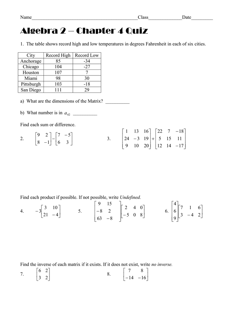 Algebra 2 Chapter 4 Quiz