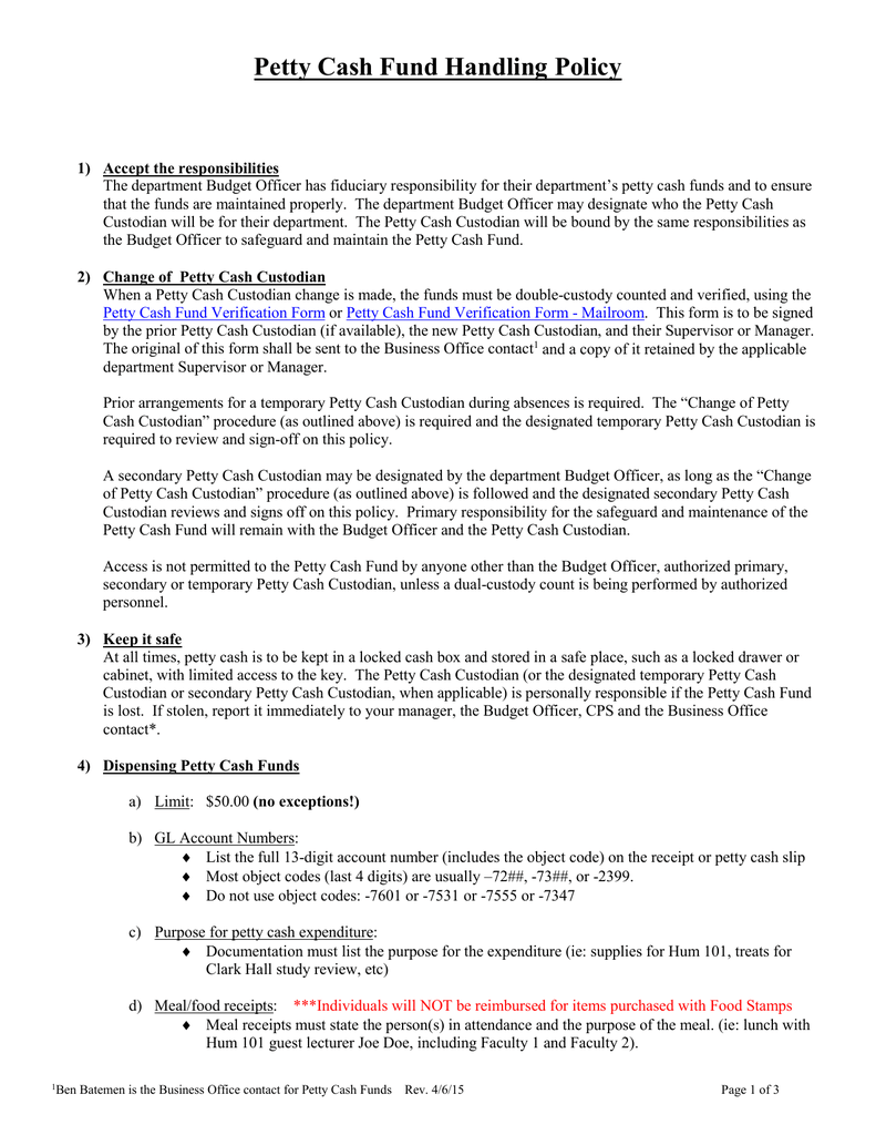 Petty Cash Fund Handling Policy Petty Cash Fund Handling Policy