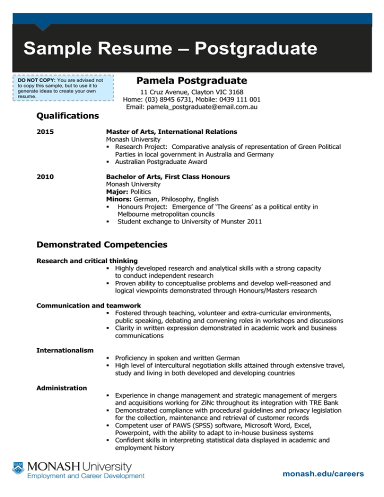 Sample Postgraduate Resume International Relations