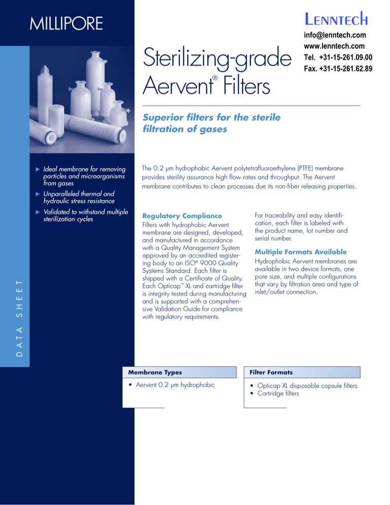 Aervent Sterilizing Filters: Data Sheet & Specifications