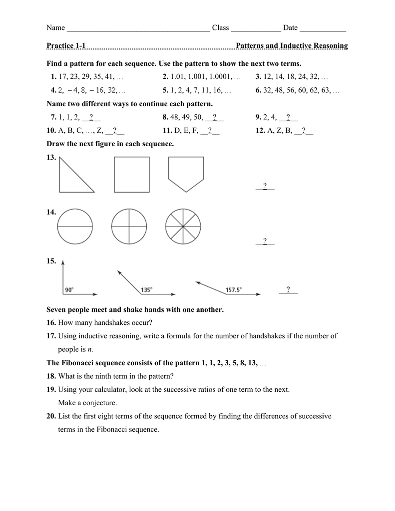 Patterns And Inductive Reasoning Worksheet Answers 